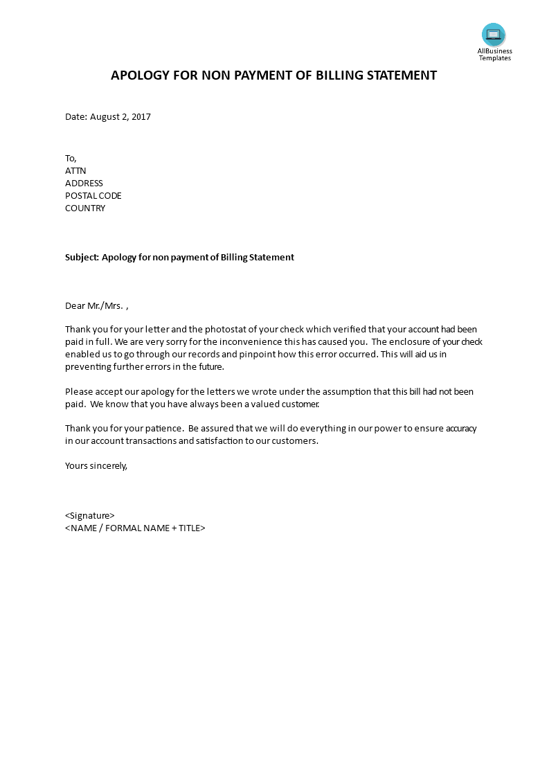 Apology For Non Payment Of Billing Statement Templates At 