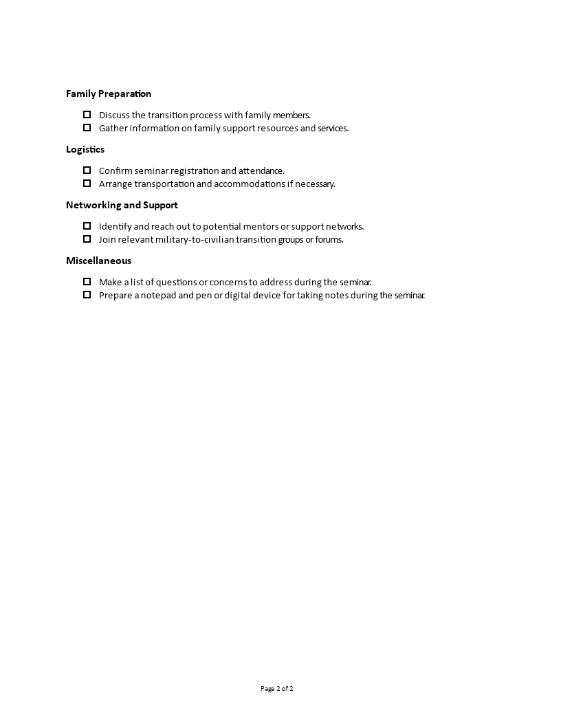 Transition Readiness Seminar Pre Work Checklist | Templates at ...