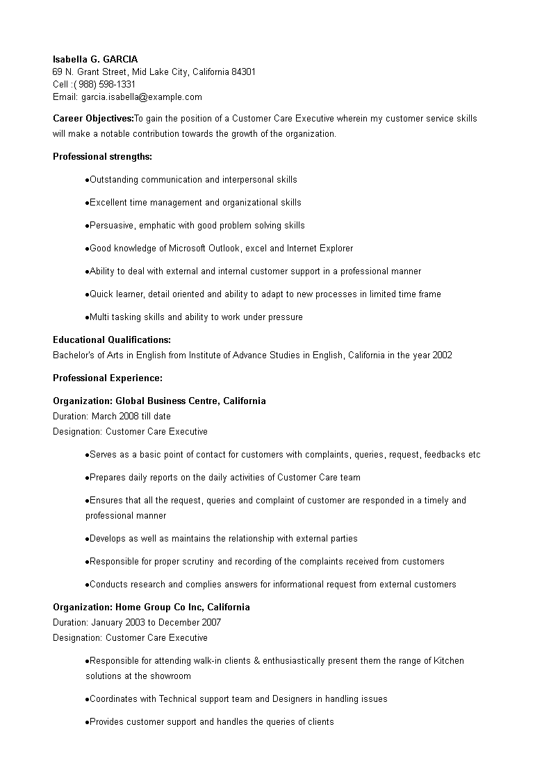 Customer Care Executive Resume Sample Templates At