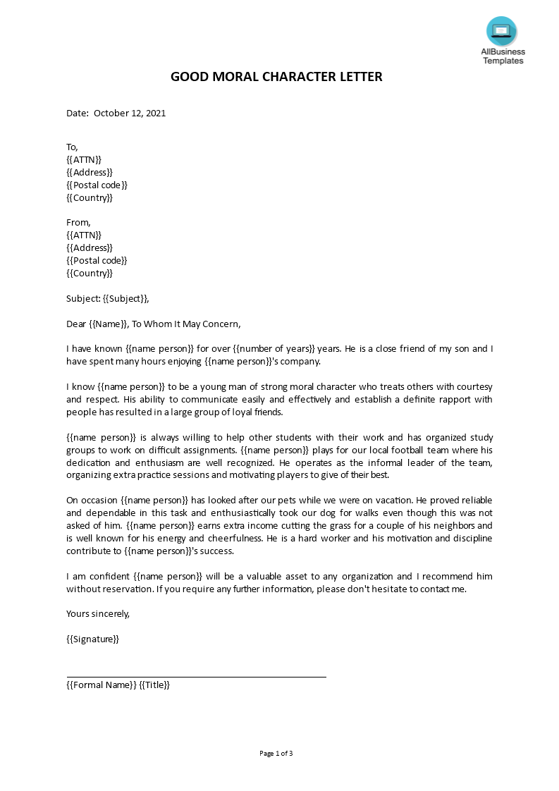 Character Reference Letter | Templates at allbusinesstemplates.com