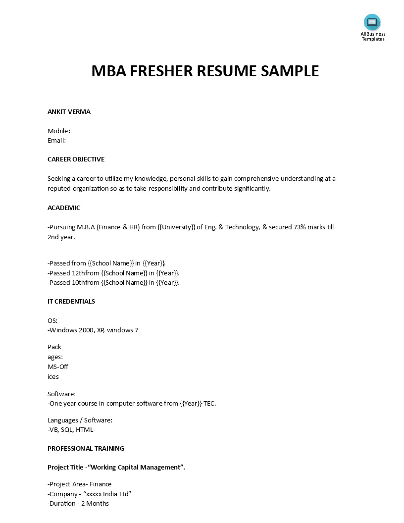MBA Fresher CV Sample | Templates at allbusinesstemplates.com