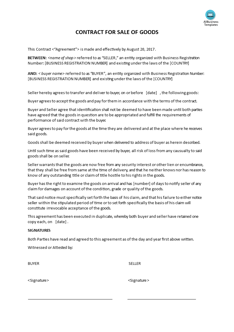 Contract For Sale Of Goods Templates At Allbusinesstemplates