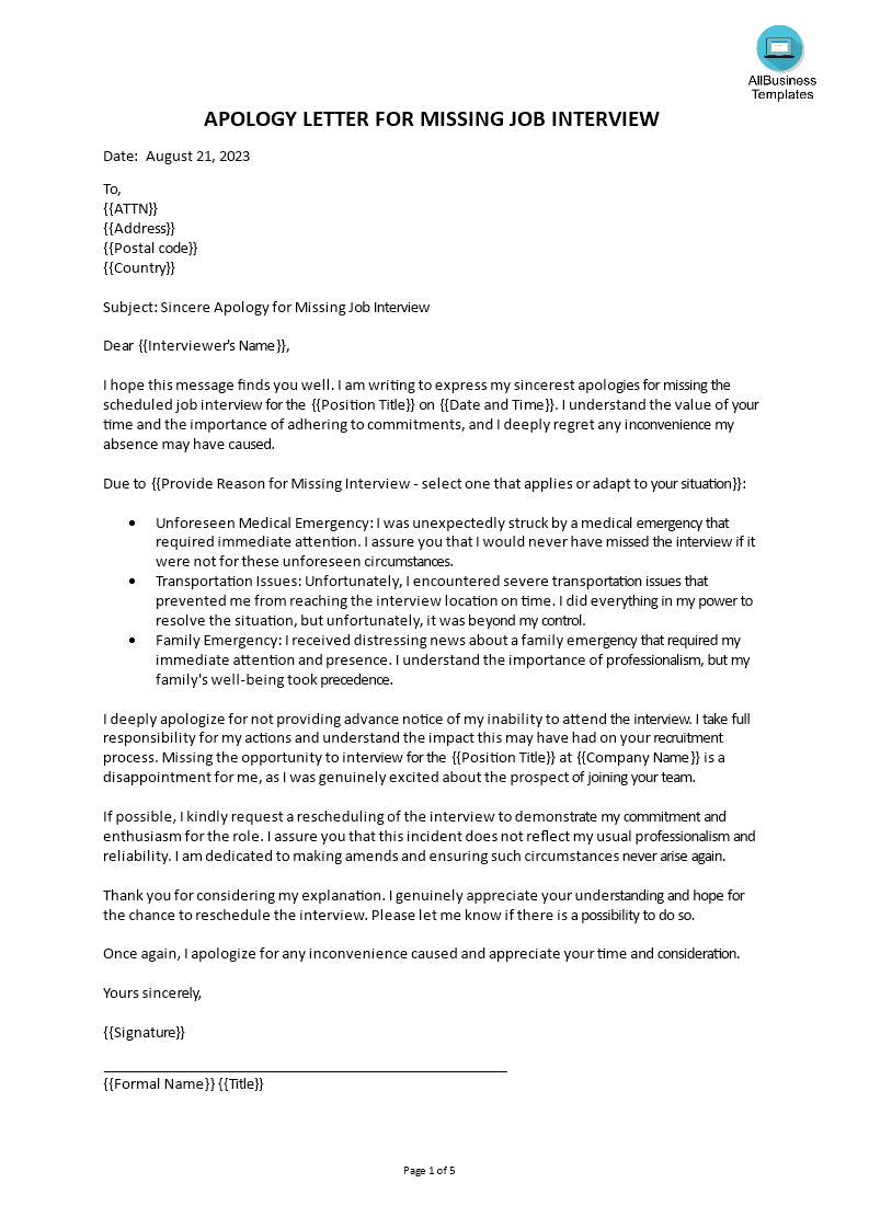 Sincere Apology Example Letter for missed job interview | Templates at ...