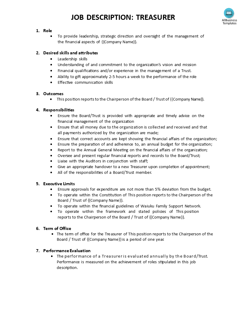 Treasurer Job Description | Templates at allbusinesstemplates.com