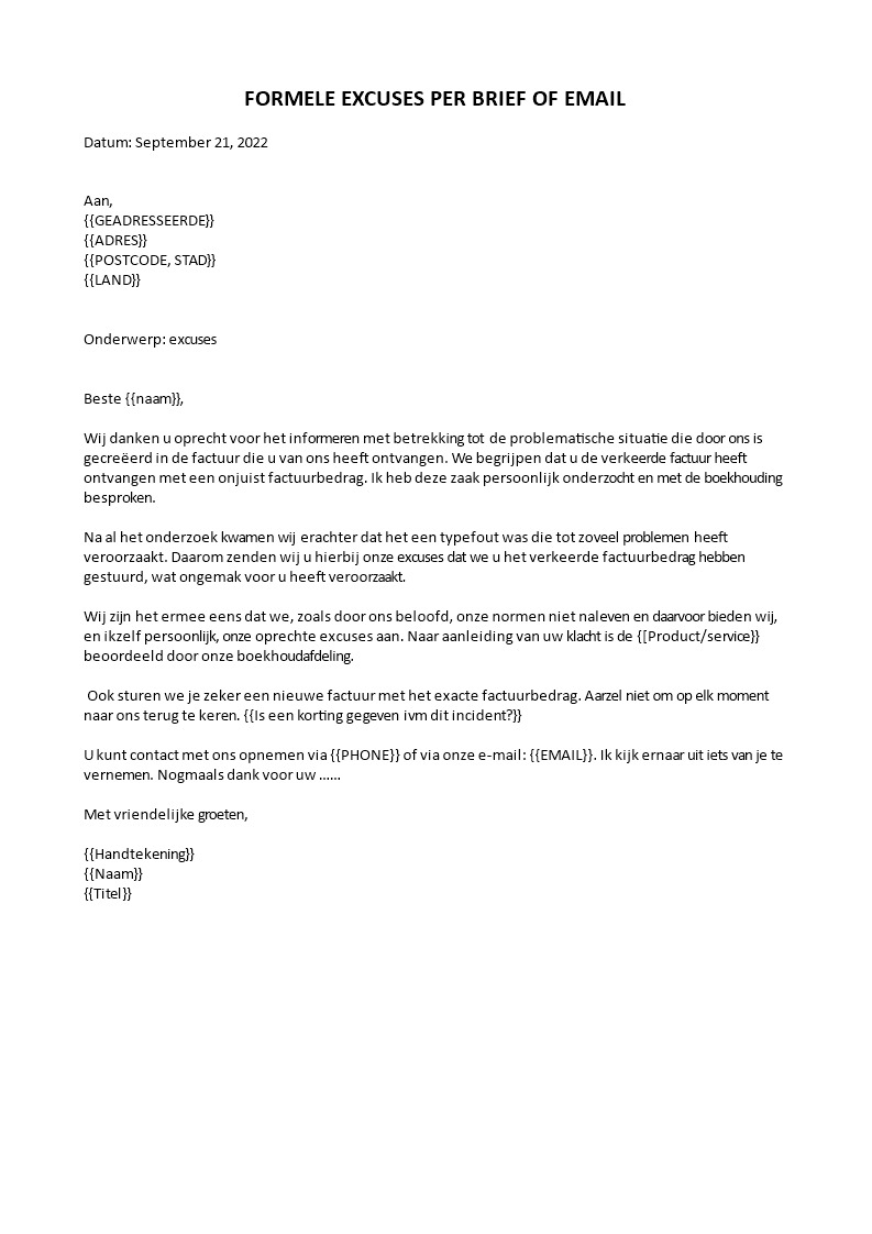 Gratis Formele verontschuldiging modelbrief