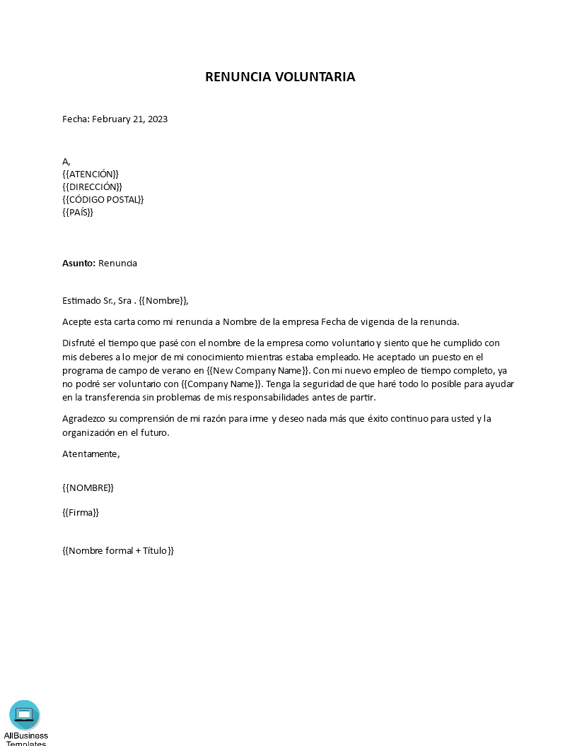 Carta General de Renuncia | Templates at allbusinesstemplates.com