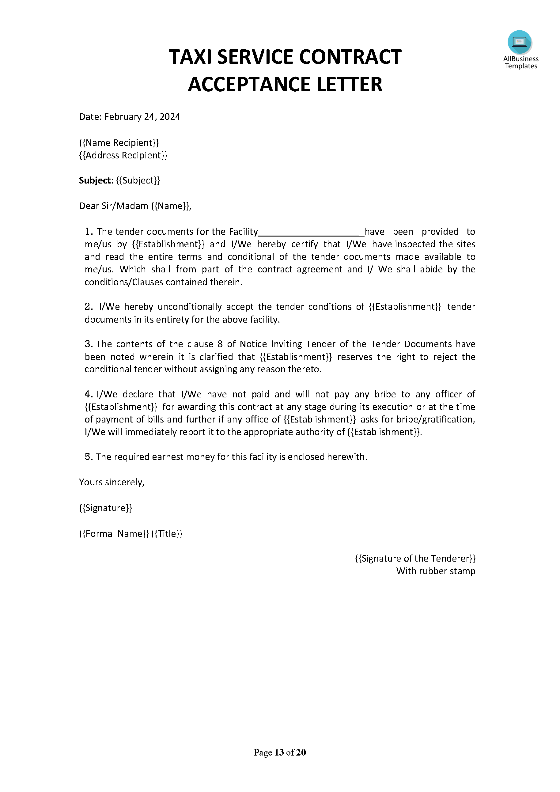 Taxi Service Contract Sample | Templates at allbusinesstemplates.com