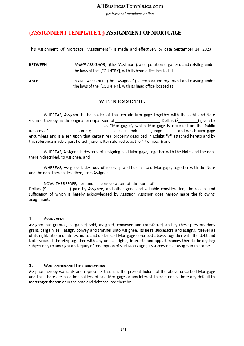 免费 Assignment Of Mortgage Template | 样本文件在 allbusinesstemplates.com