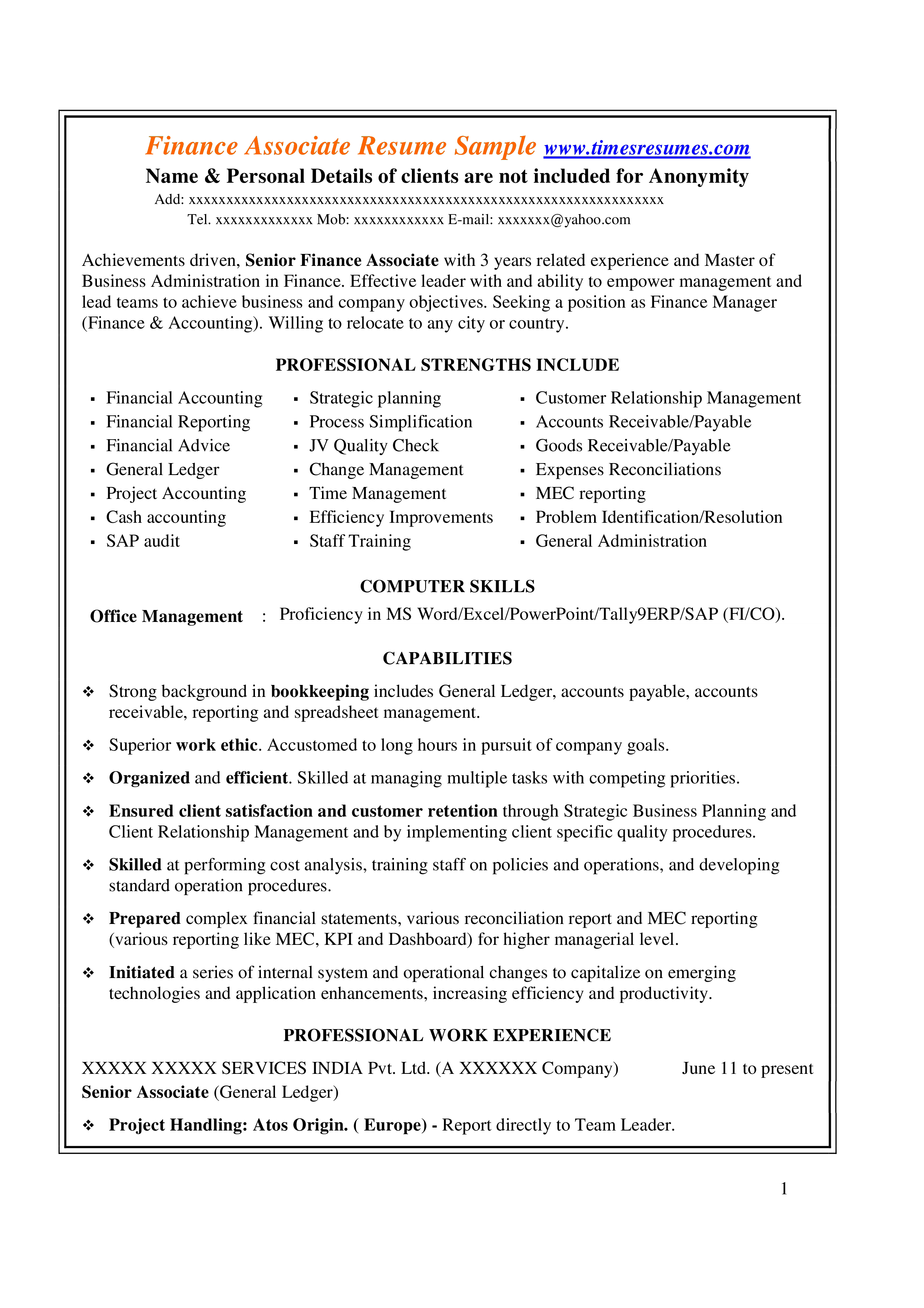  Project Finance Associate Resume Allbusinesstemplates