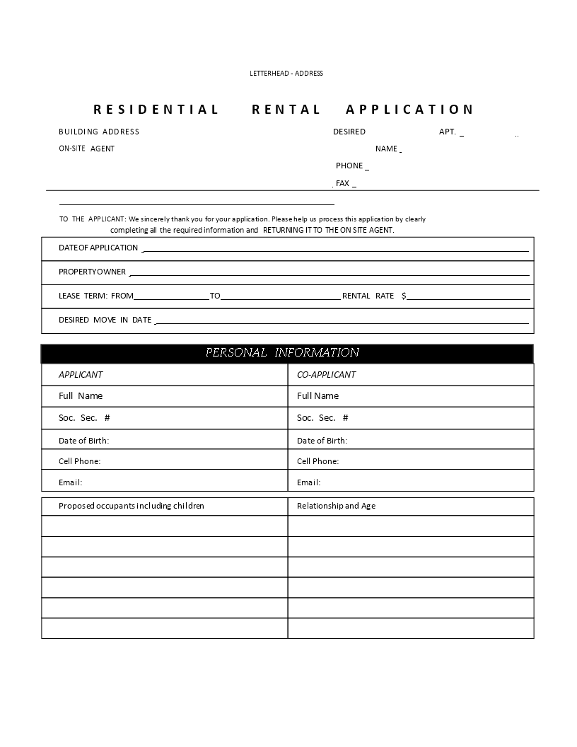 免费 Rental Application | 样本文件在 allbusinesstemplates.com
