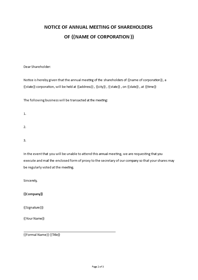 Notice Of Annual Meeting Of Shareholders | Templates at ...