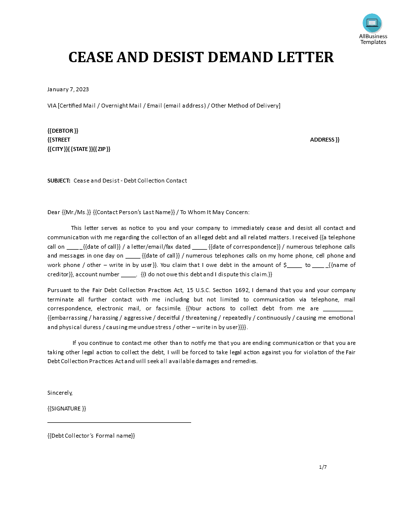 Cease and Desist Letter sample | Templates at allbusinesstemplates.com