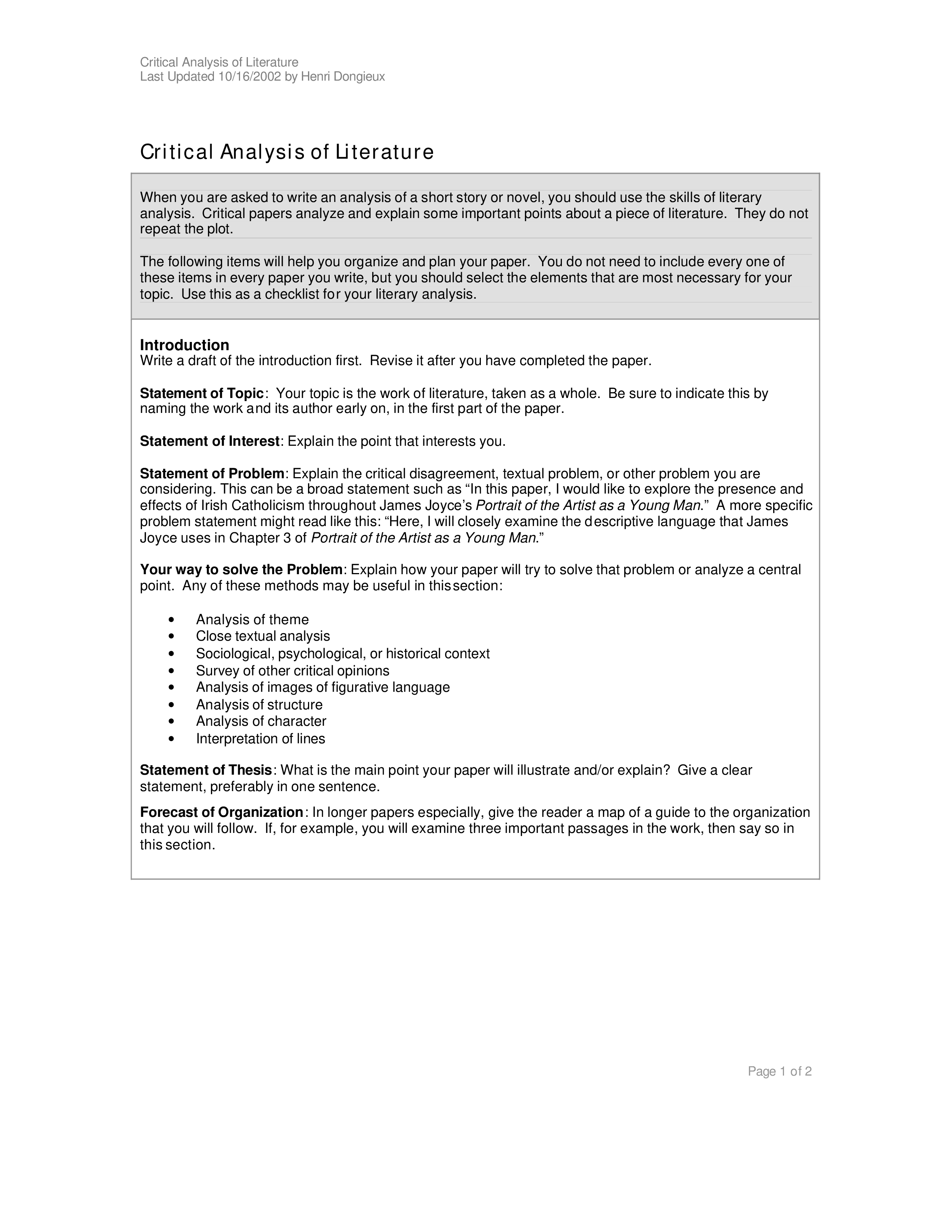 Critical Literary Analysis Templates At Allbusinesstemplates