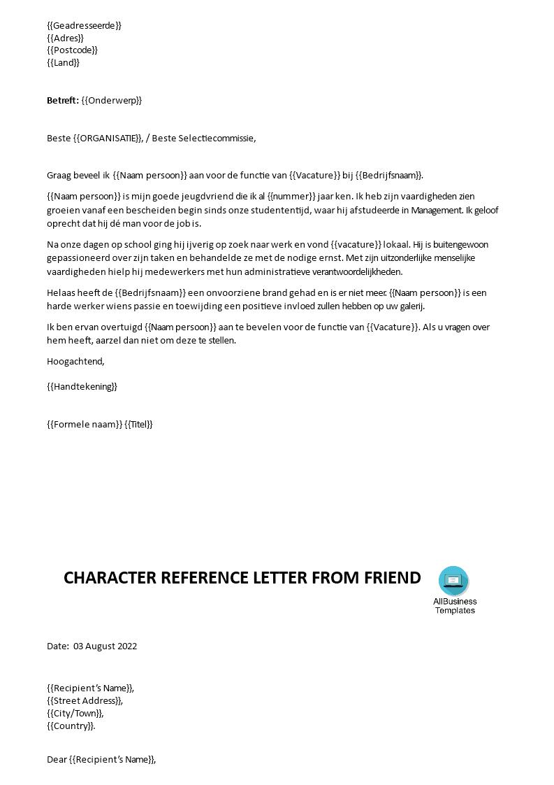 Referentiebrief voor Vriend | Templates at allbusinesstemplates.com