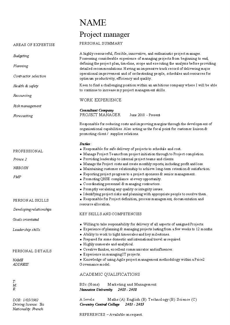 Project Manager CV | Templates at allbusinesstemplates.com