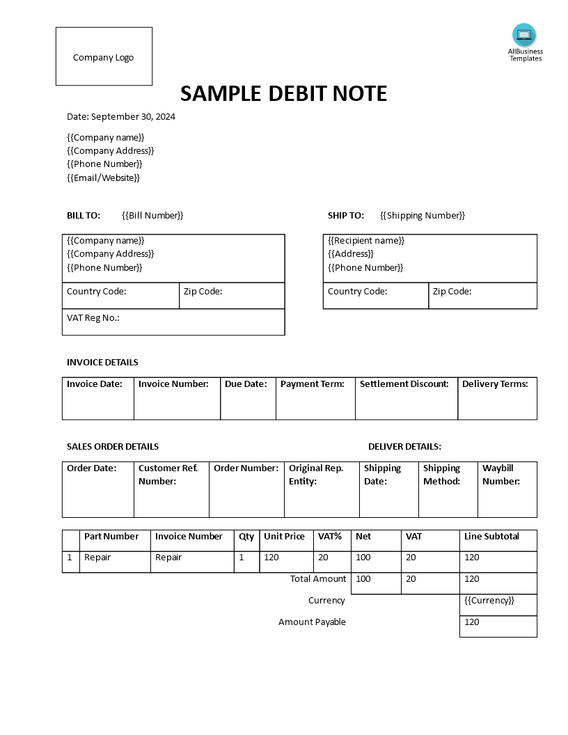 免费 Debit Note | 样本文件在 allbusinesstemplates.com