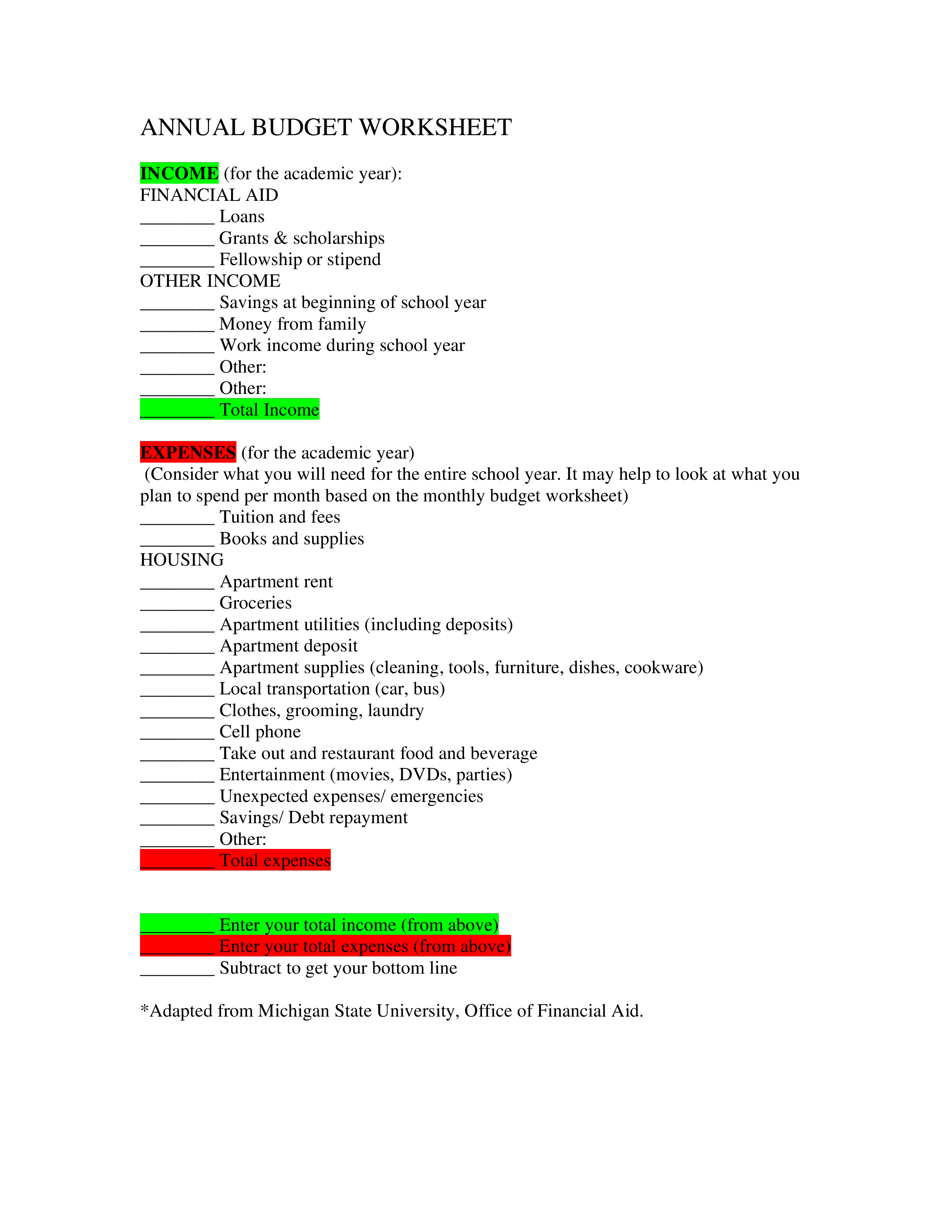 Kostenloses Annual Budget Worksheet