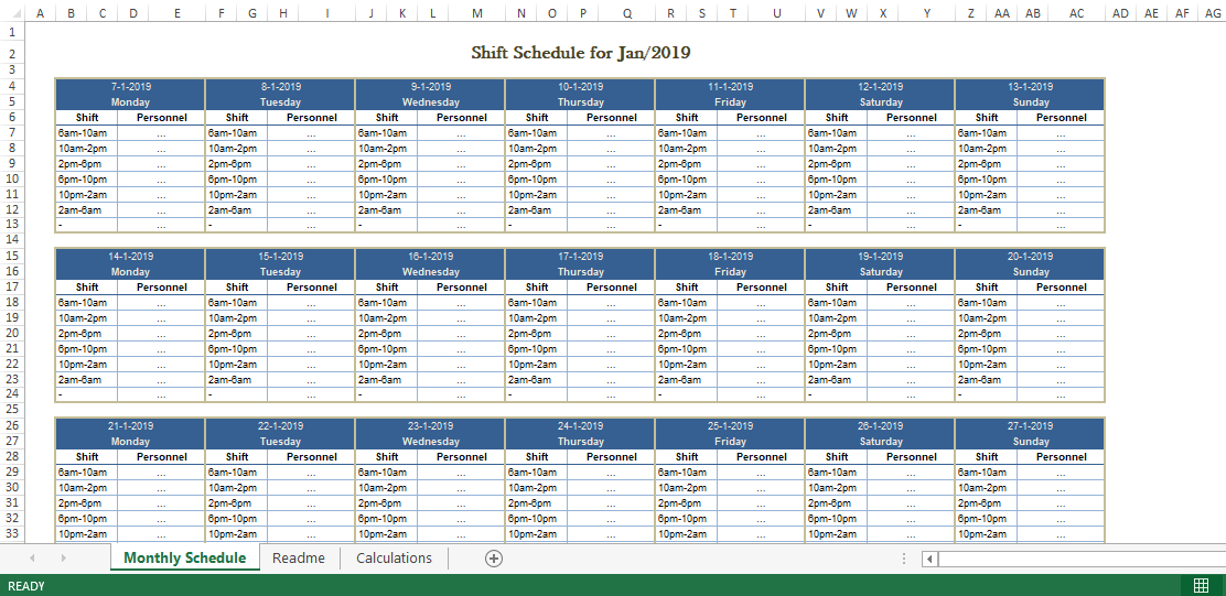 Gratis Werknemer Maandelijks Shift Plan Excel sjabloon