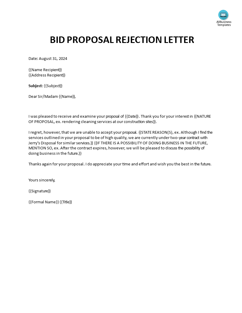 Bid Proposal Rejection Letter | Templates at allbusinesstemplates.com
