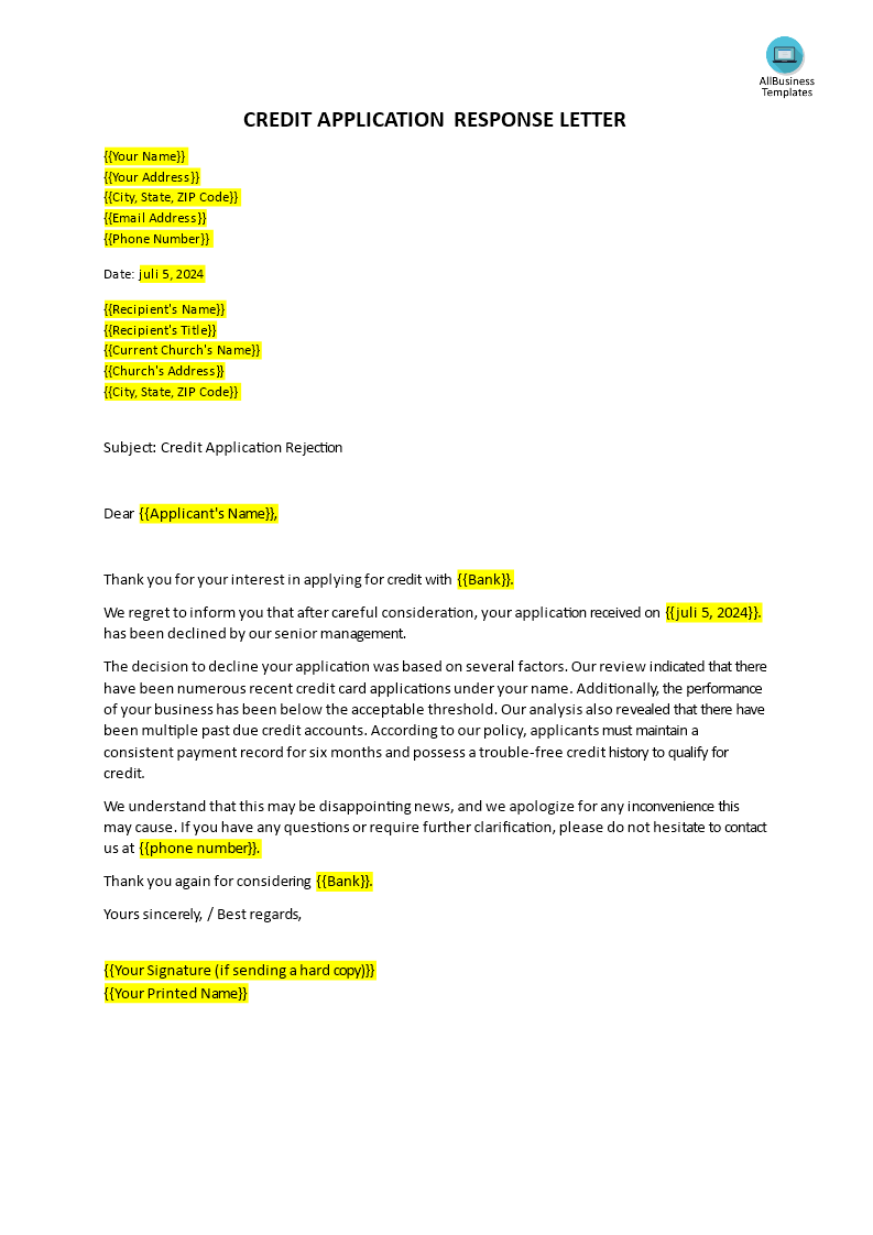 Credit Application Rejection Letter | Templates at allbusinesstemplates.com