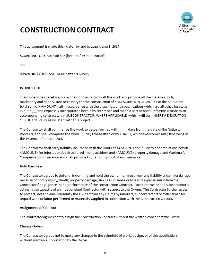 Construction Contract Example Templates At Allbusinesstemplates