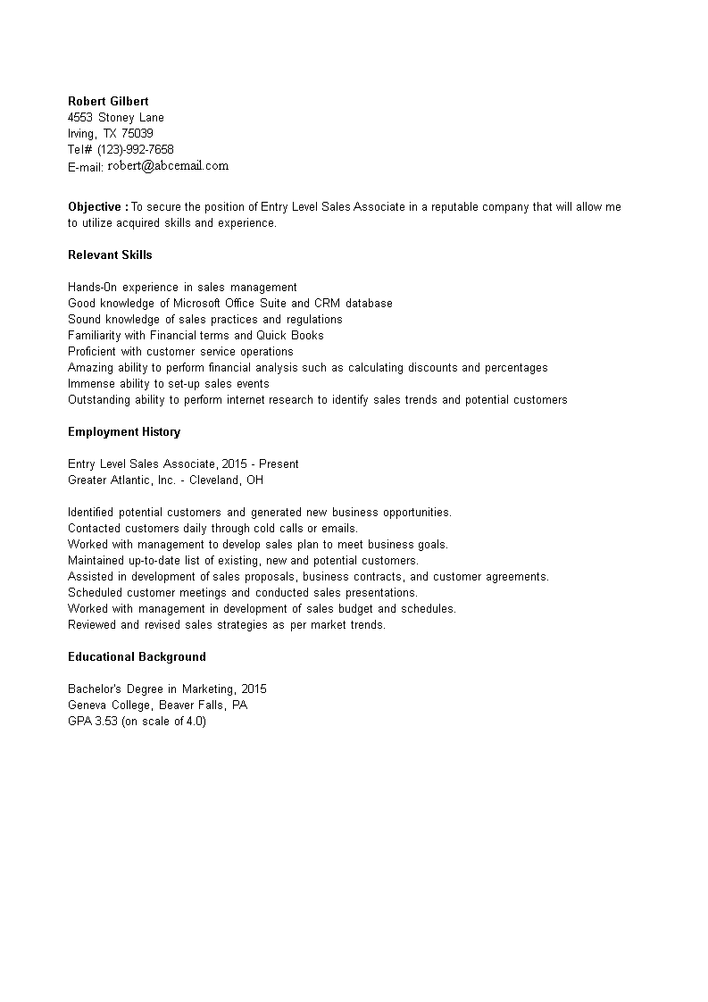 Entry-Level Sales Associate Resume sample | Templates at ...