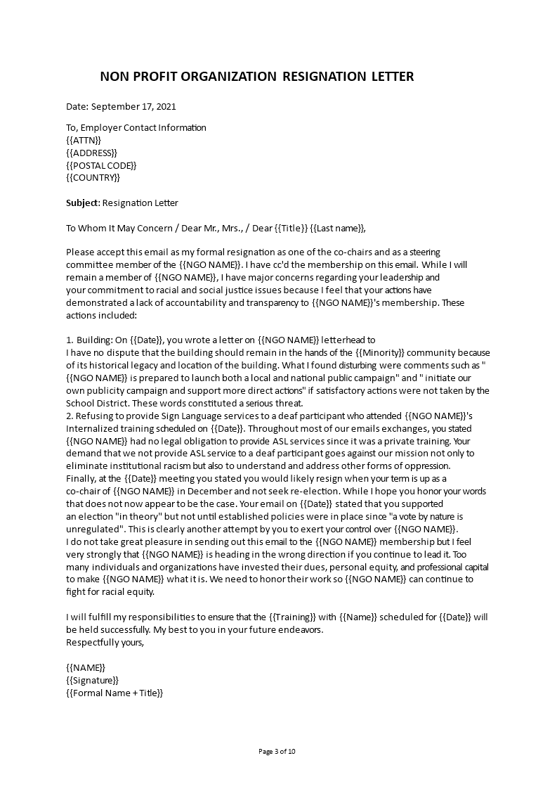 Kostenloses Nonprofit Board Resignation Letter