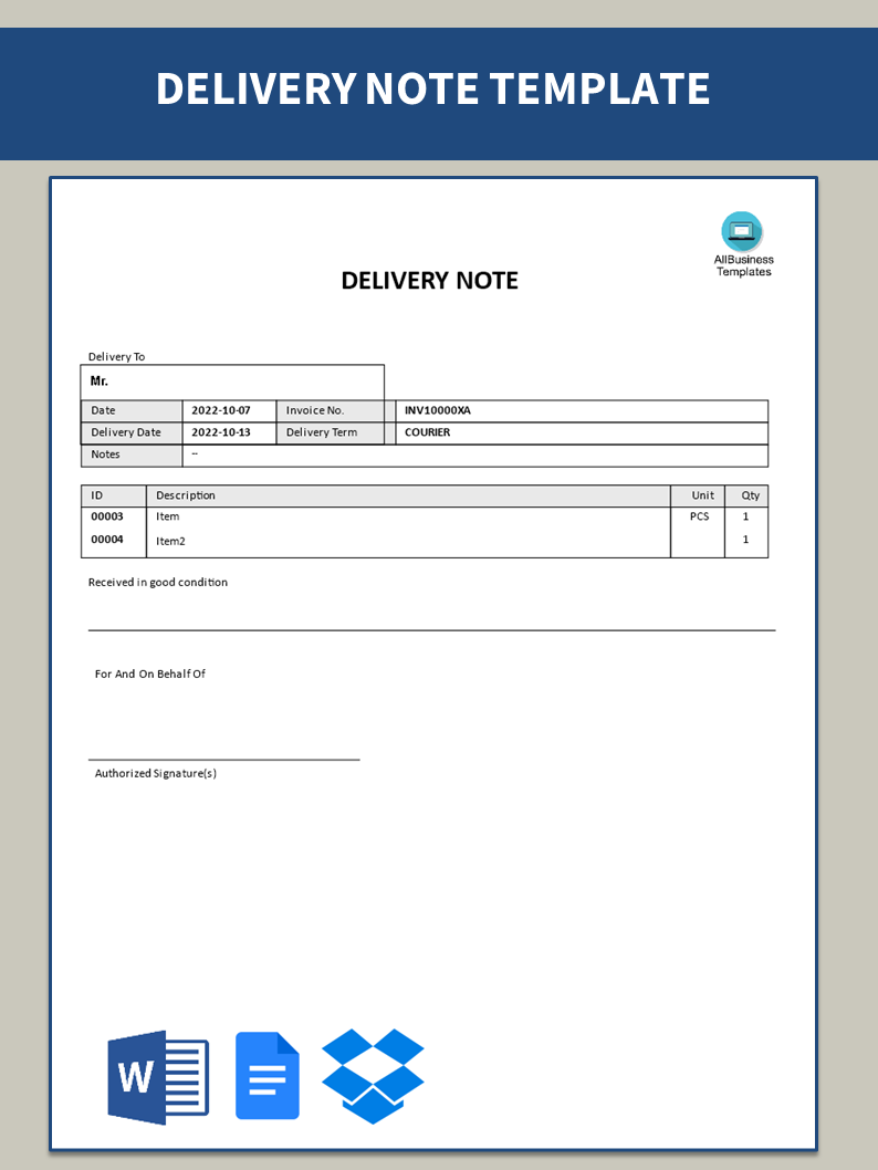 免费 Blank Delivery Note Template | 样本文件在 allbusinesstemplates.com