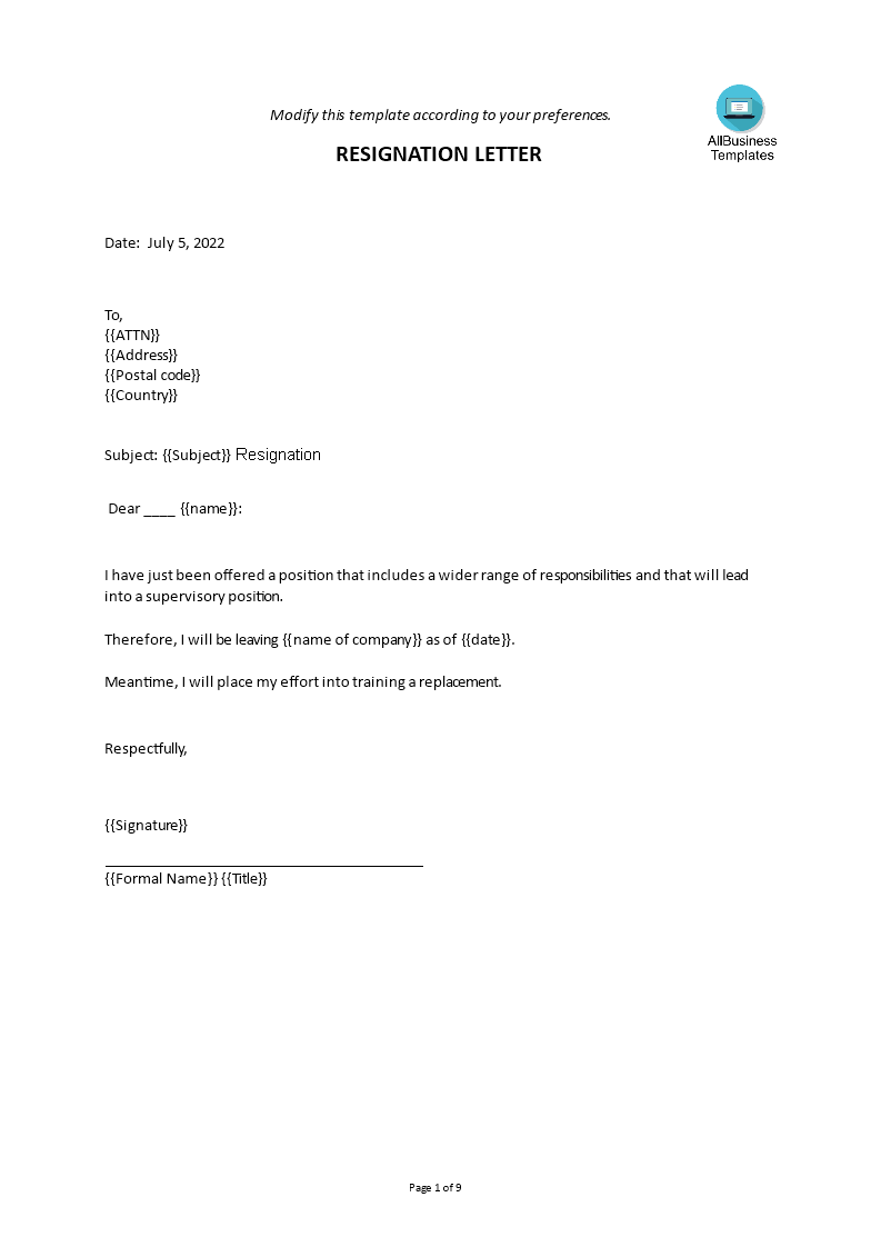 Gratis Letter Of Resignation Template