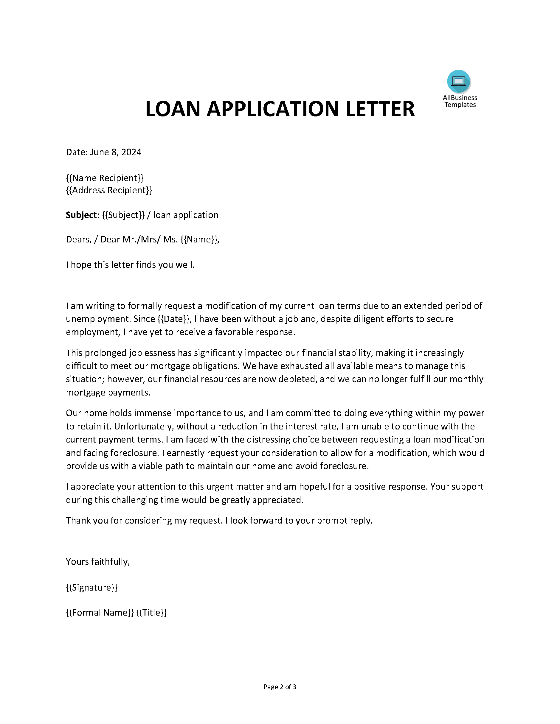 Basic Loan Application Letter | Templates at allbusinesstemplates.com
