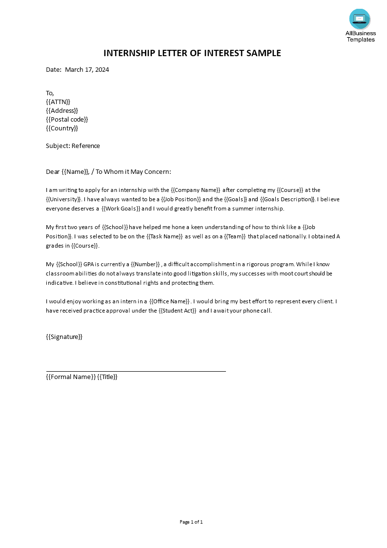 Internship Letter of Interest Format | Templates at ...