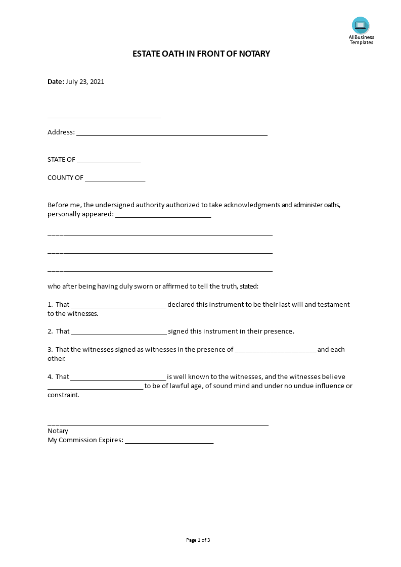 Estate Oath In Front Of Notary | Templates at allbusinesstemplates.com