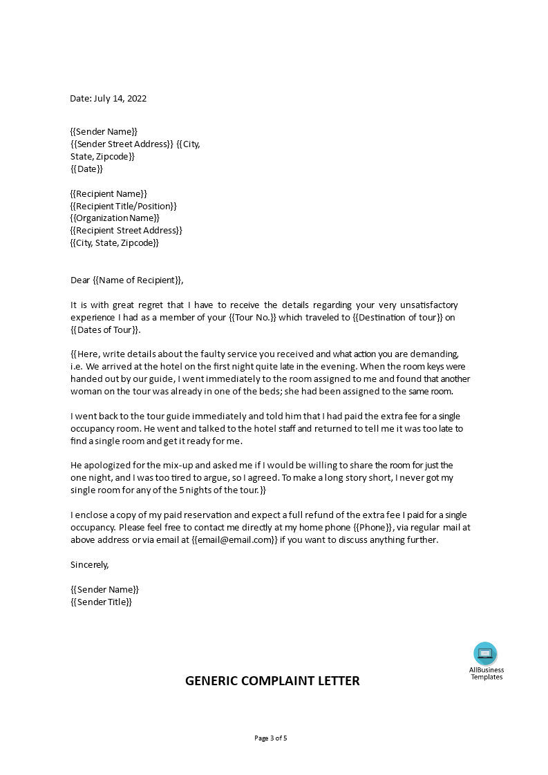 Kostenloses Accomodatie Klachtenbrief Template