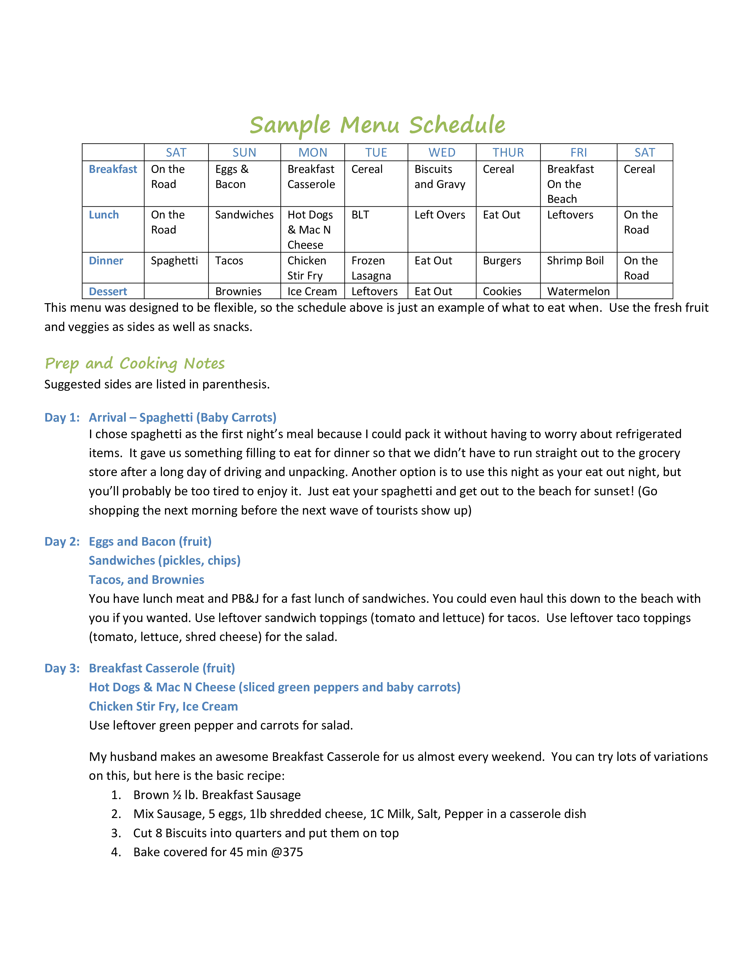 Vacation Meal Plan | Templates at allbusinesstemplates.com