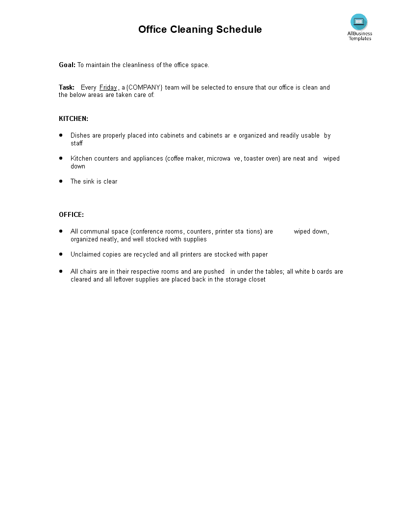 Office Cleaning Schedule Templates At Allbusinesstemplates