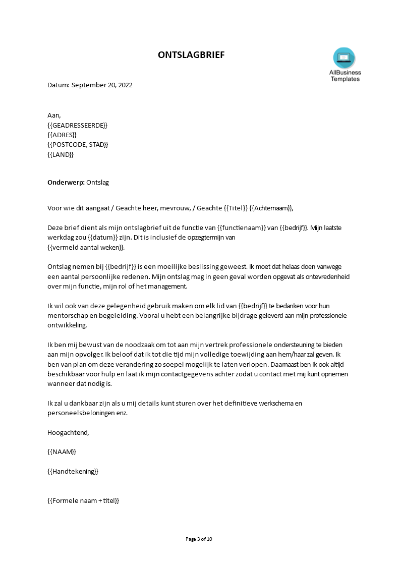 Télécharger Gratuit Formele Ontslagbrief Werknemer