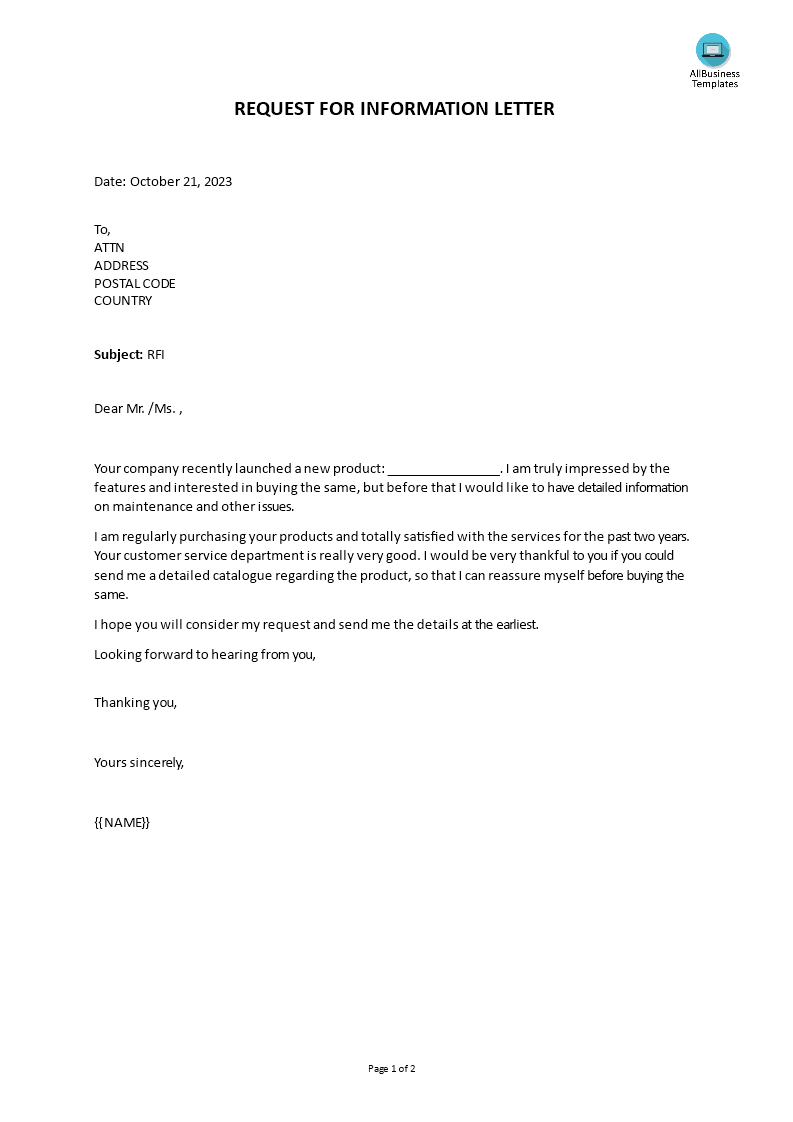 Prima Information Request Letter