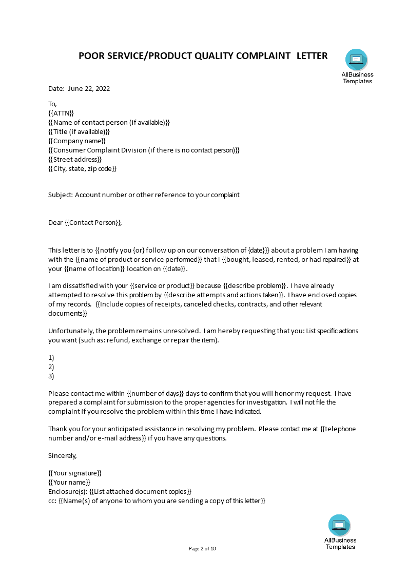 Formal Business Complaint Letter Format | Templates at ...