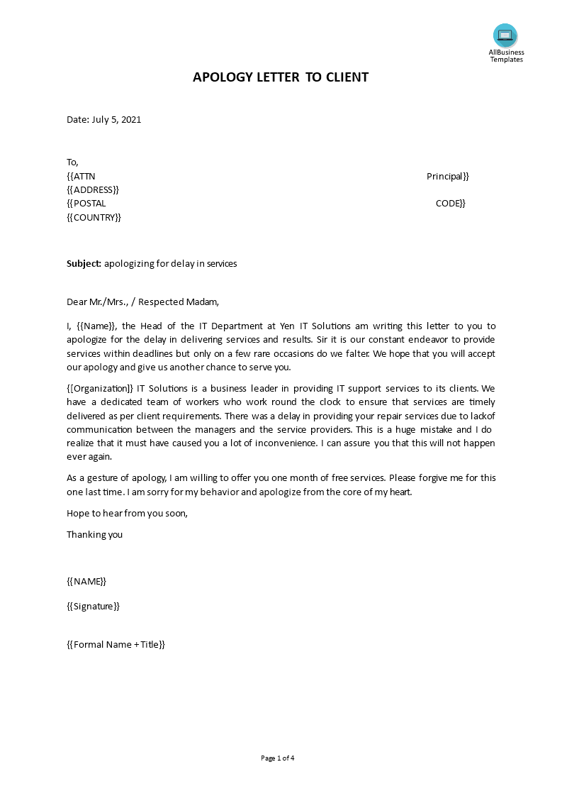 Professional Apology Letter To Client | Templates at ...