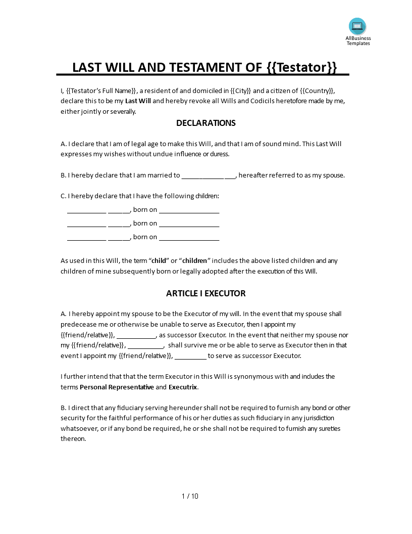Simple Will Template Templates At Allbusinesstemplates