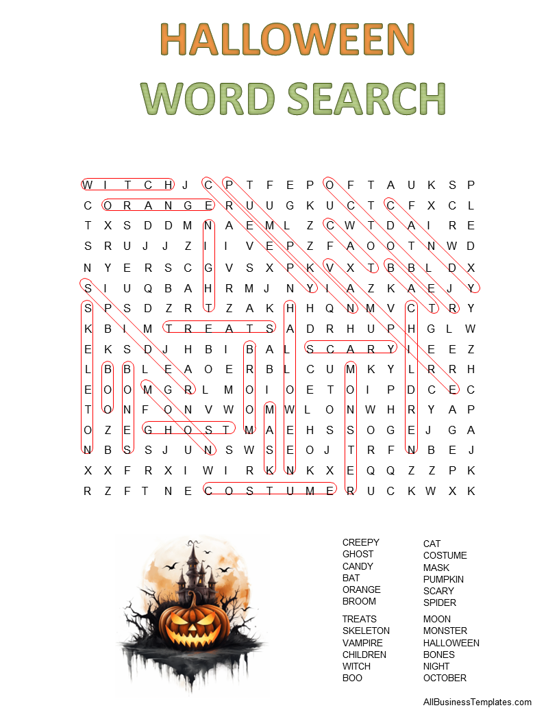 免费 Halloween Word Search | 样本文件在 allbusinesstemplates.com