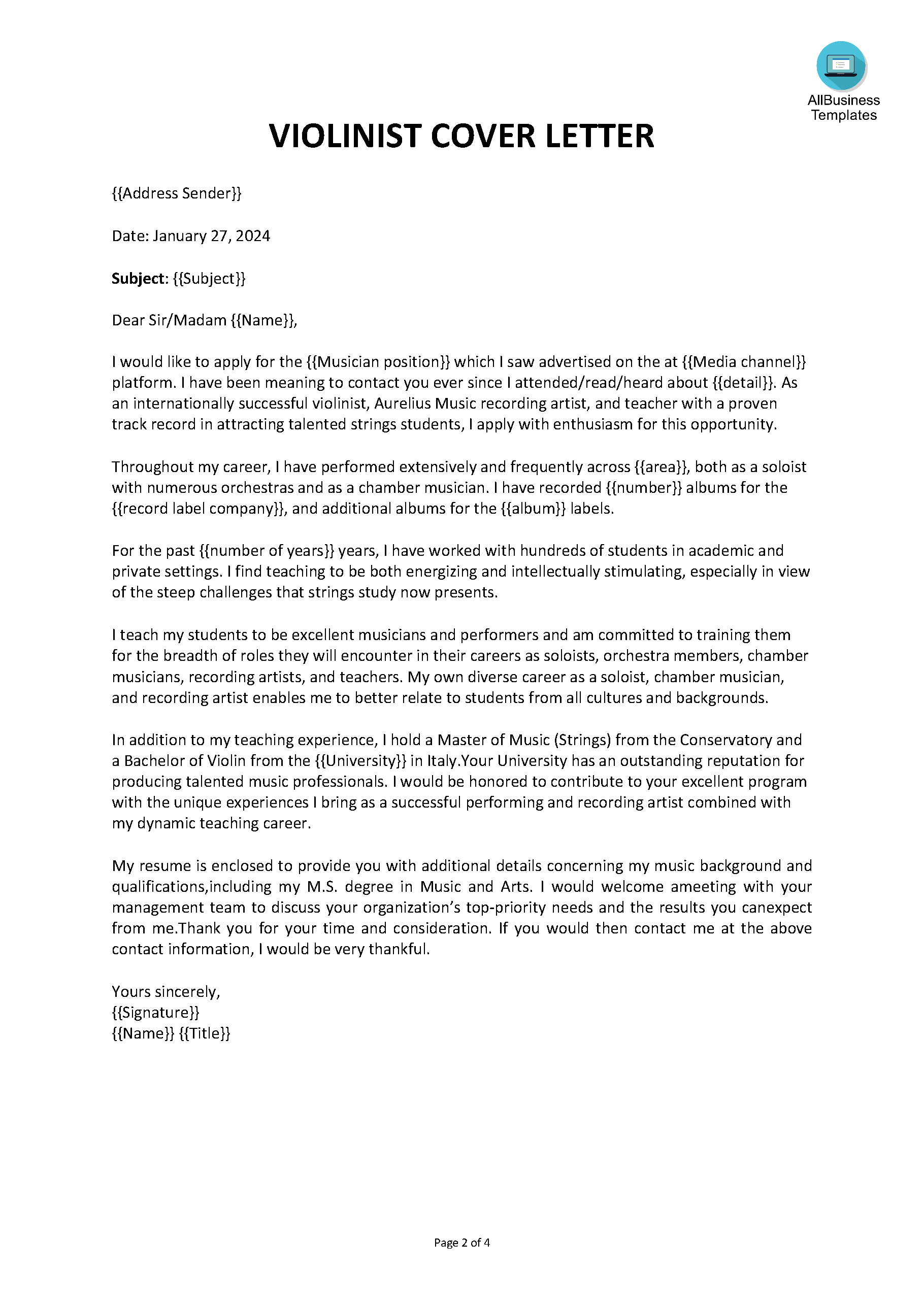 Guitarist Cover Letter | Templates at allbusinesstemplates.com