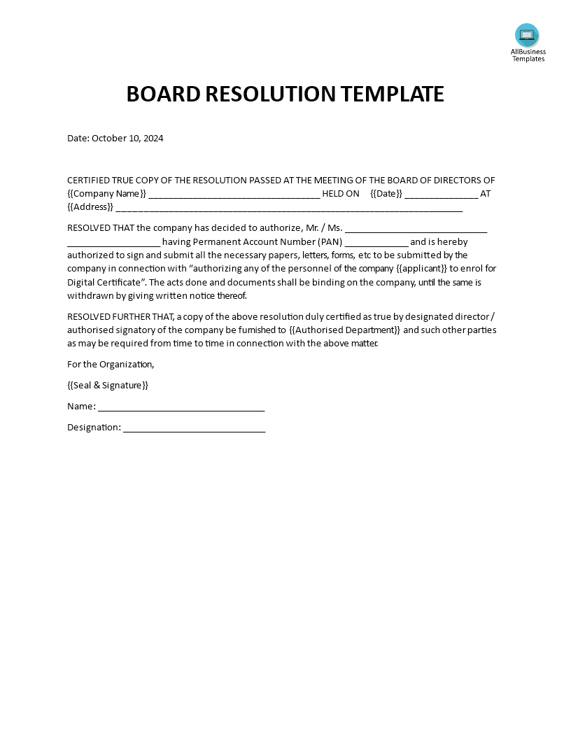 Board Resolution Template | Templates at allbusinesstemplates.com