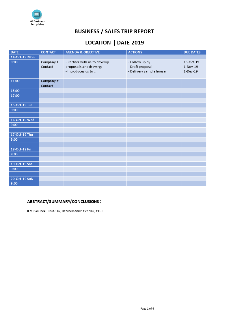 Sales Business Trip Report Templates At Allbusinesstemplates