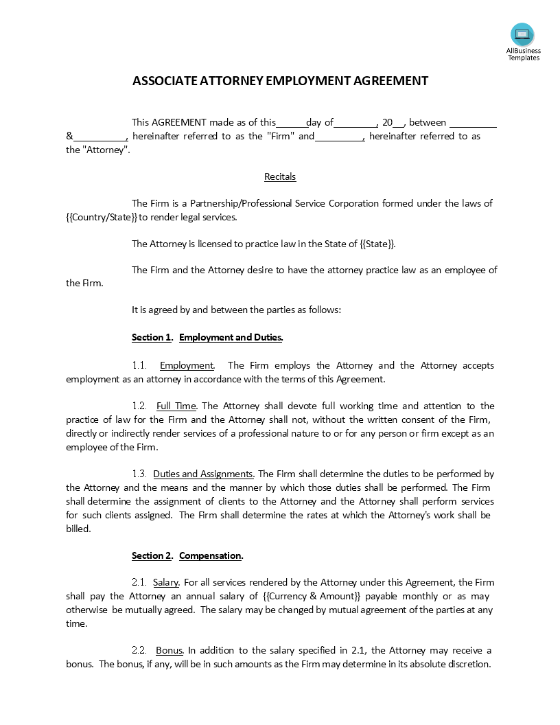 Associate Attorney Employment Agreement | Templates at ...