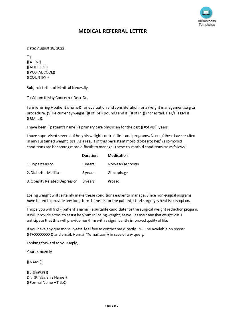 Medical Referral Letter | Templates at allbusinesstemplates.com