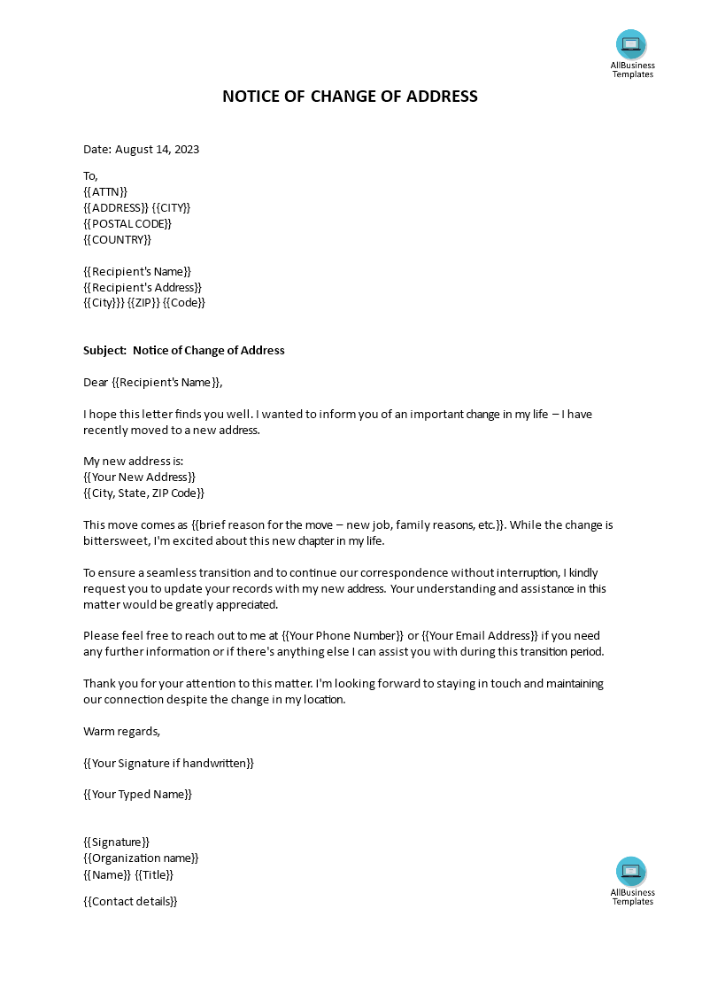 Notice Of Change Of Address | Templates at allbusinesstemplates.com