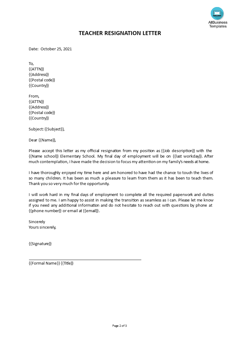 Teacher Resignation Letter | Templates at allbusinesstemplates.com