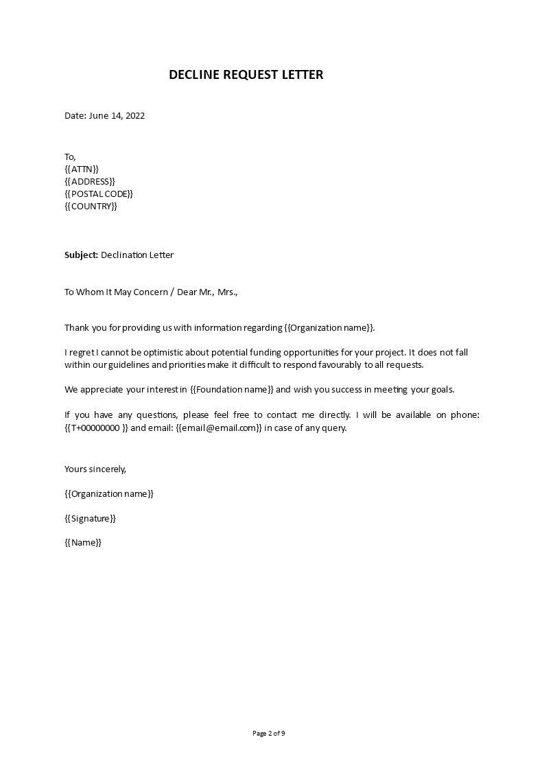 Decline Request Letter template Gratis