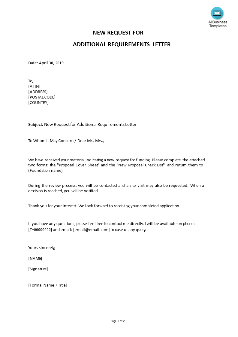 New Request For Additional Requirements Letter Templates At